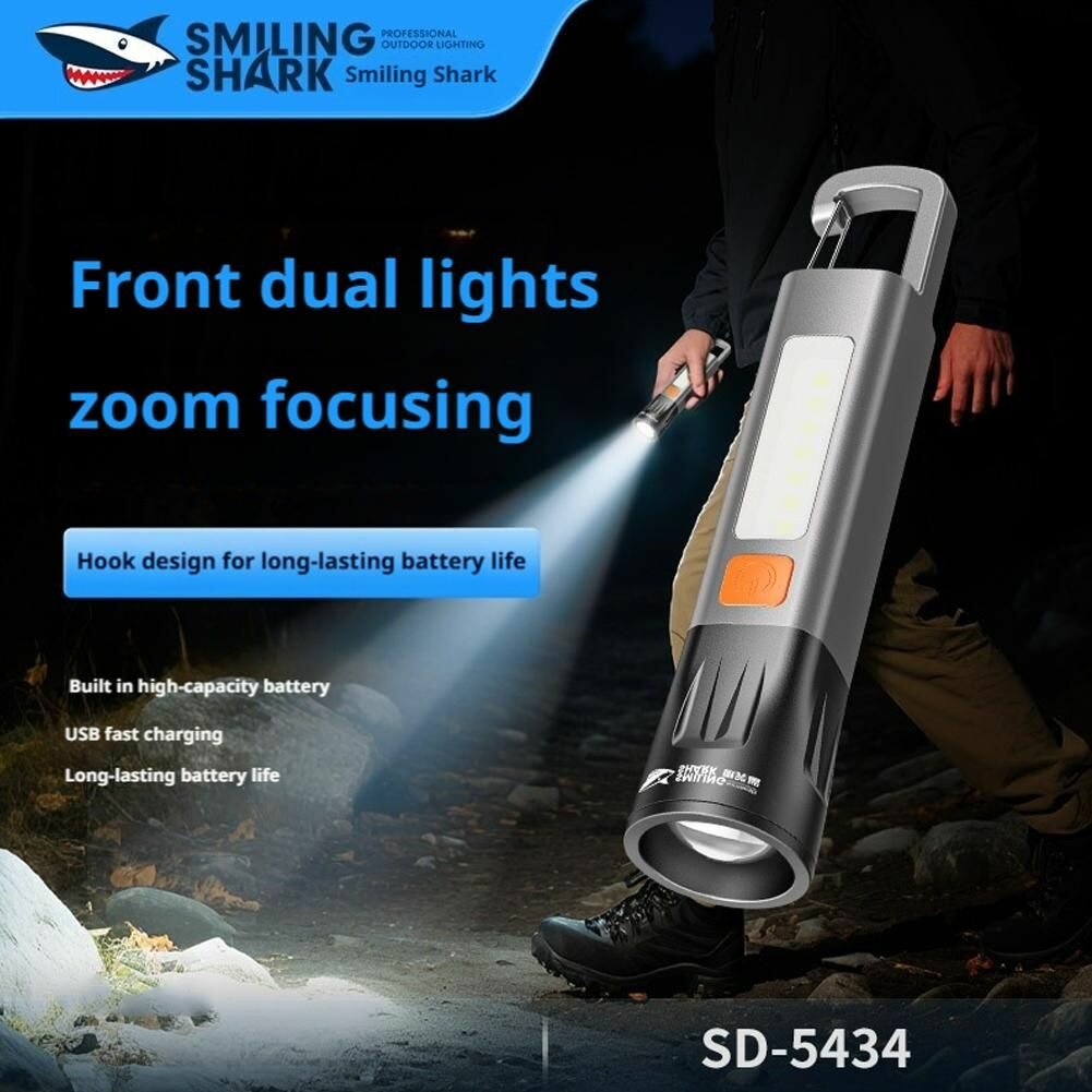 Фонарик с крючком, Встроенный аккумулятор емкостью 1200 мАч, Габаритные огни COB, В комплект входит кабель для зарядки.