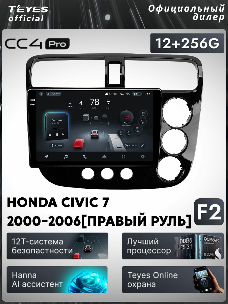 Магнитола Honda Civic 7 2000-2006 (Right hand drive) Teyes CC4 Pro 12/256GB, штатная магнитола, 8-ми ядерный процессор