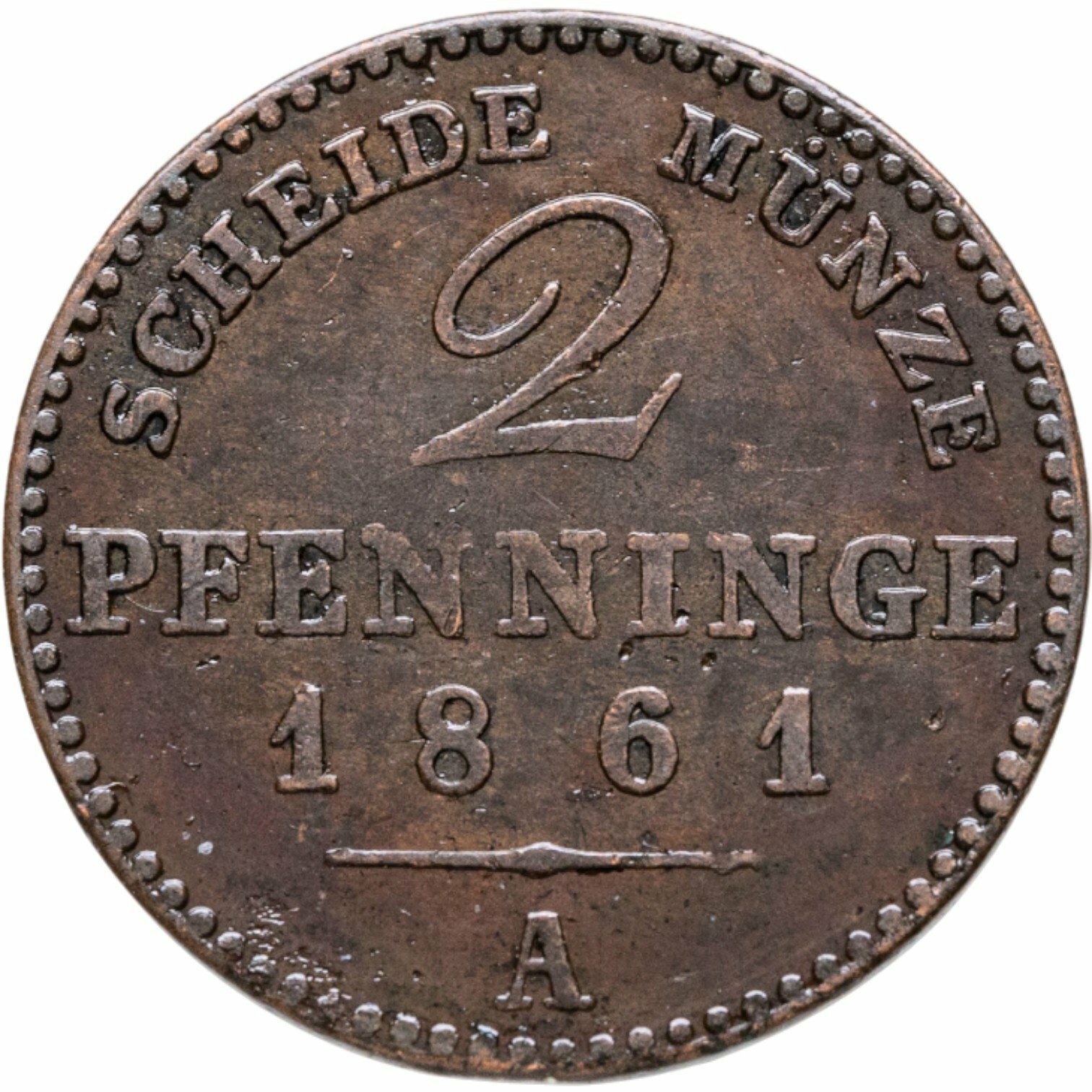 Германия, Пруссия 2 пфеннига 1861, Медь, в сохранности XF