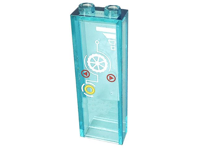 Brick 1 x 2 x 5 with Display Screen with White Cog Wheel and Circuitry, Bright Light Orange and Red Circles and Arrows Pattern (Sticker) - Set 41232, 2454pb274 Trans-Light Blue N