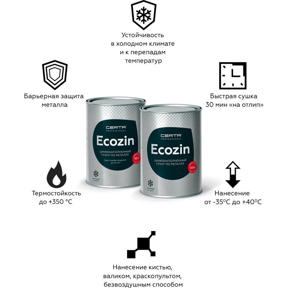 Certa Цинконаполненный грунт по металлу ECOZIN А 55, серый, 25 кг ECA00125