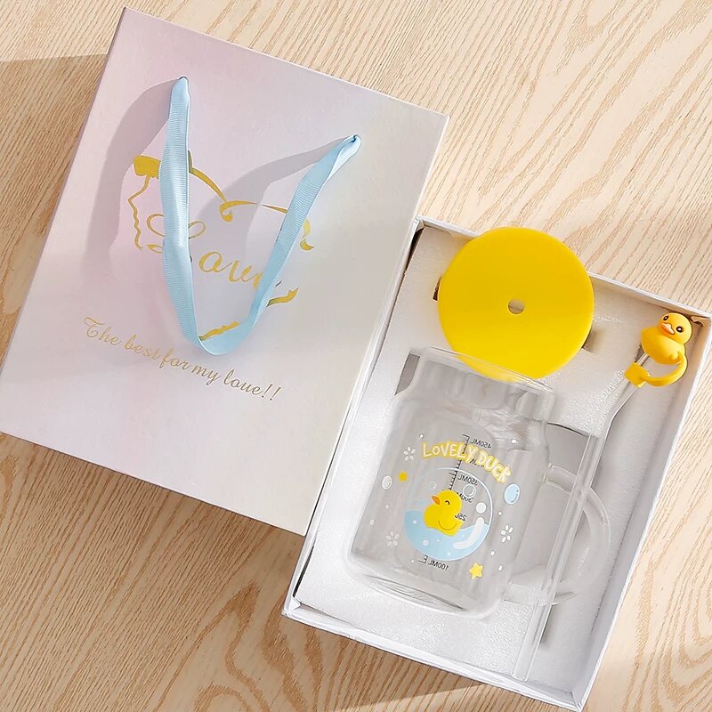 Подарочная коробка с кружкой Swimming Duck из стекла с крышкой, соломкой и колпачком