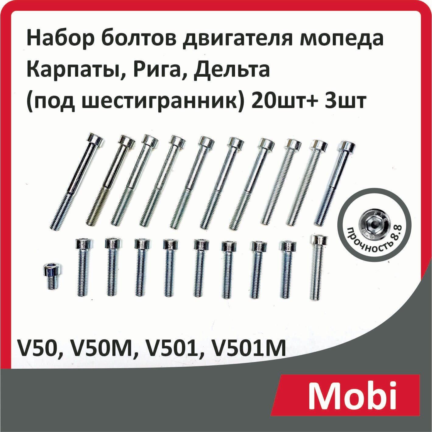 Набор болтов двигателя мопеда Карпаты, Рига, Дельта (под шестигранник) комплект 20шт+ 3шт