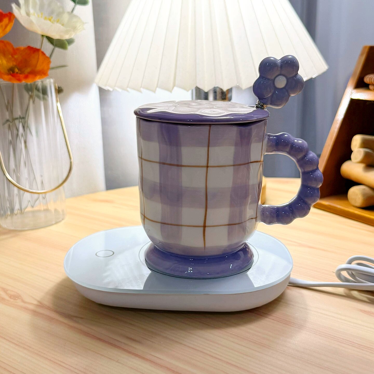 Фиолетовая кружка в клетку с крышкой и ложкой, керамическая чашка, парные чашки для воды, подарок на день рождения для