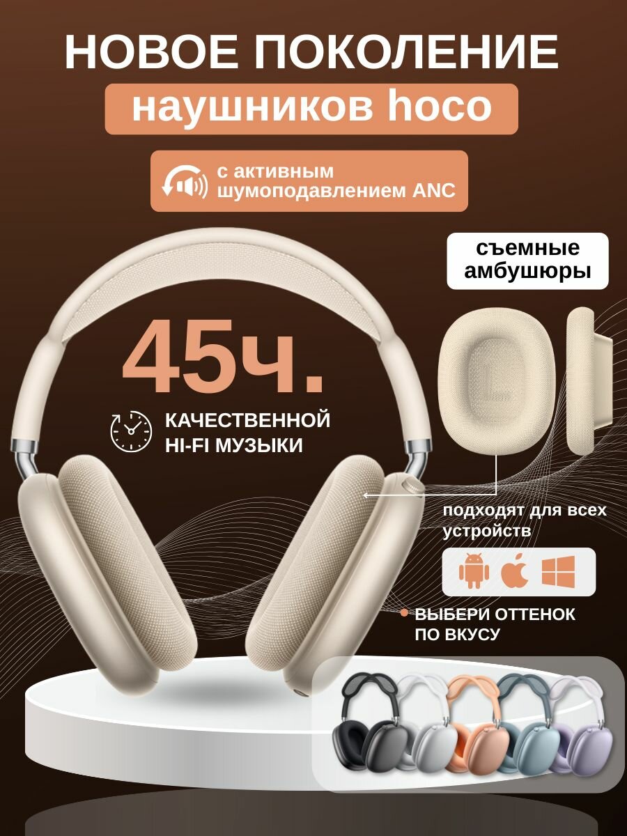 Наушники беспроводные большие Hoco с активным шумоподавлением ANC, накладные, полноразмерные, Bluetooth 5.4.