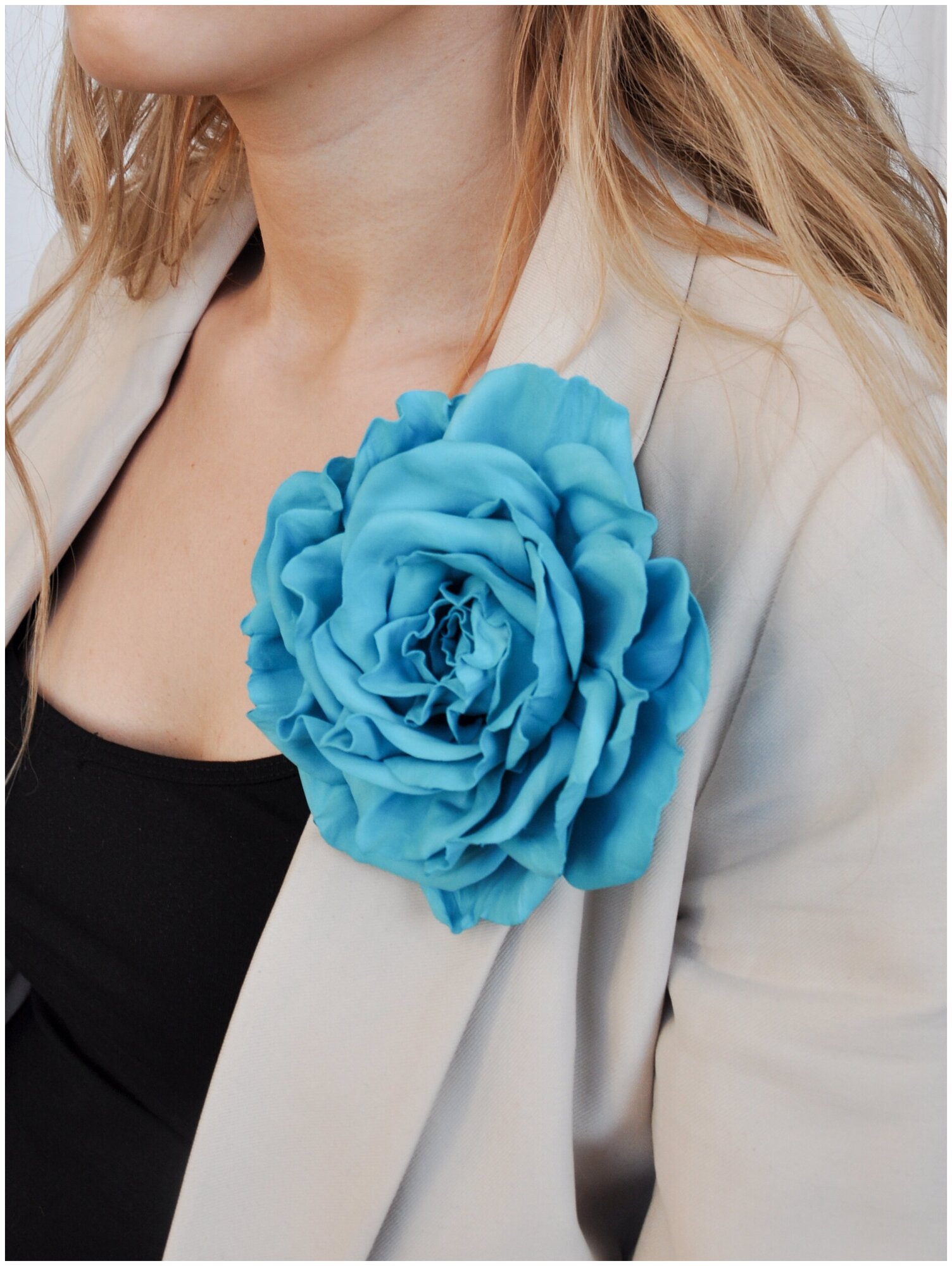 Брошь заколка цветок большая роза бирюзовая арт.180042