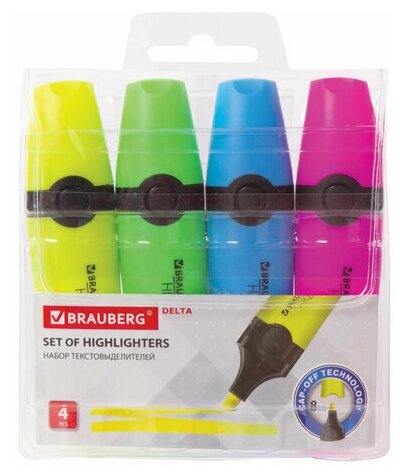 Набор текстовыделителей BRAUBERG 4 шт, Ассорти, "DELTA", линия 1-5 мм, 151727