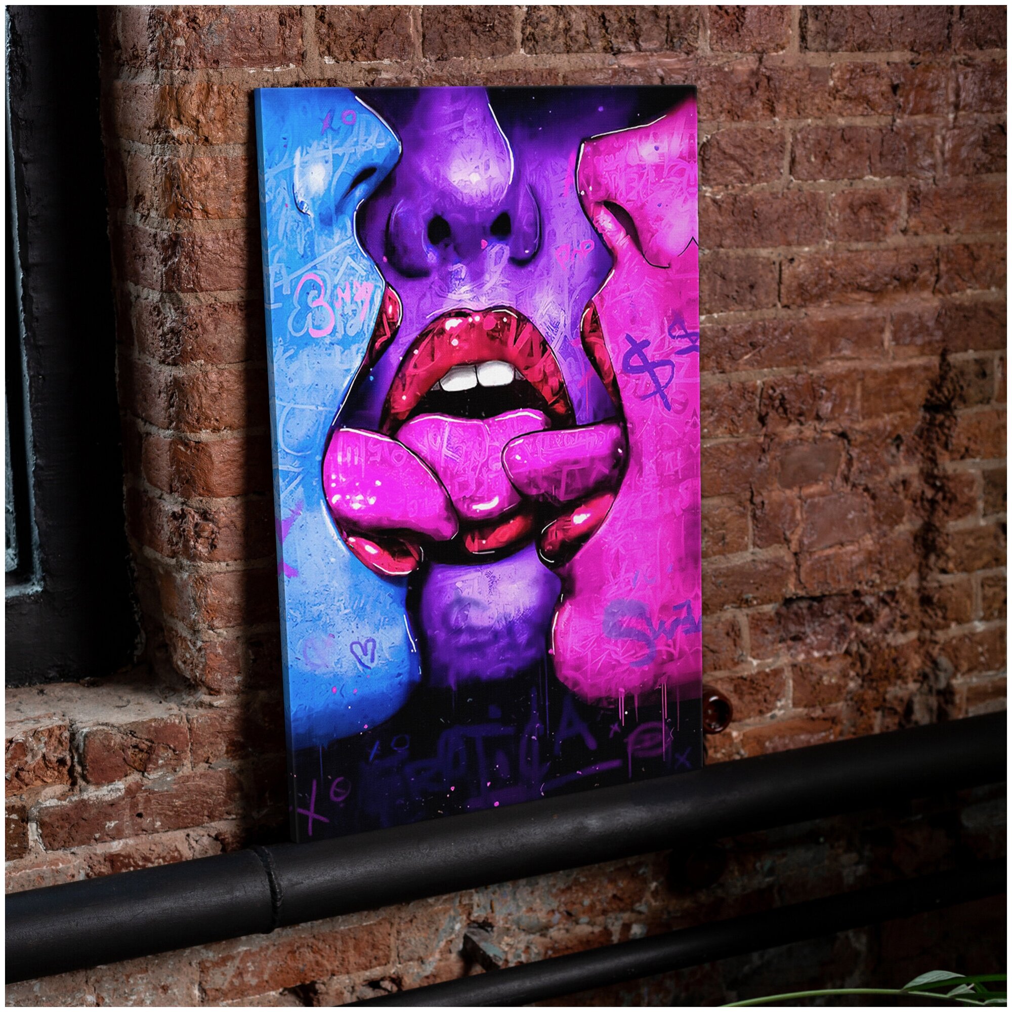 Картина на холсте поп арт "Горячий поцелуй" эротический постер с девушкой граффити на стену в спальню