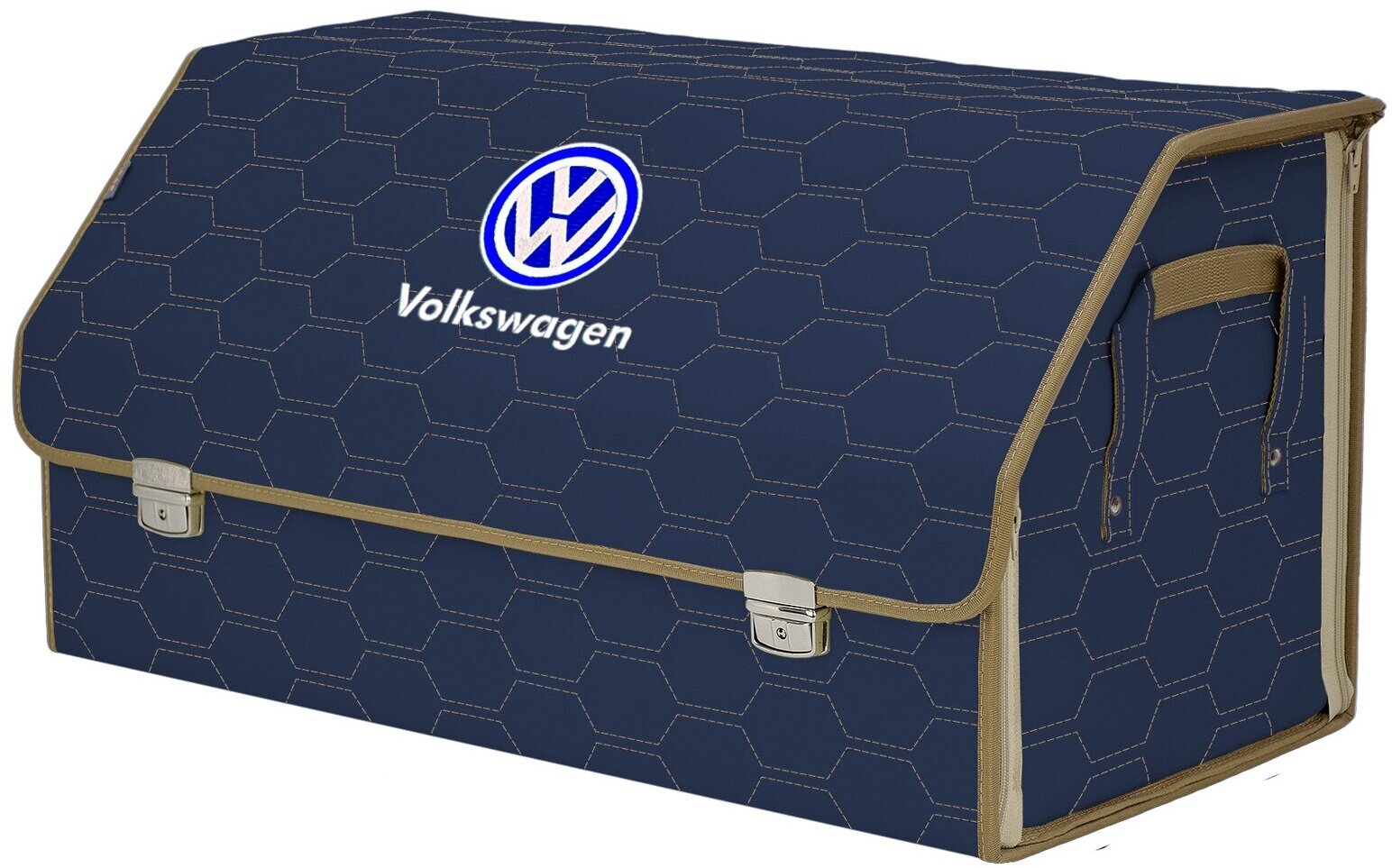 Органайзер-саквояж "Союз Премиум" в багажник Volkswagen (Фольксваген), размер XL Plus. Цвет: синий с бежевой прострочкой Соты.