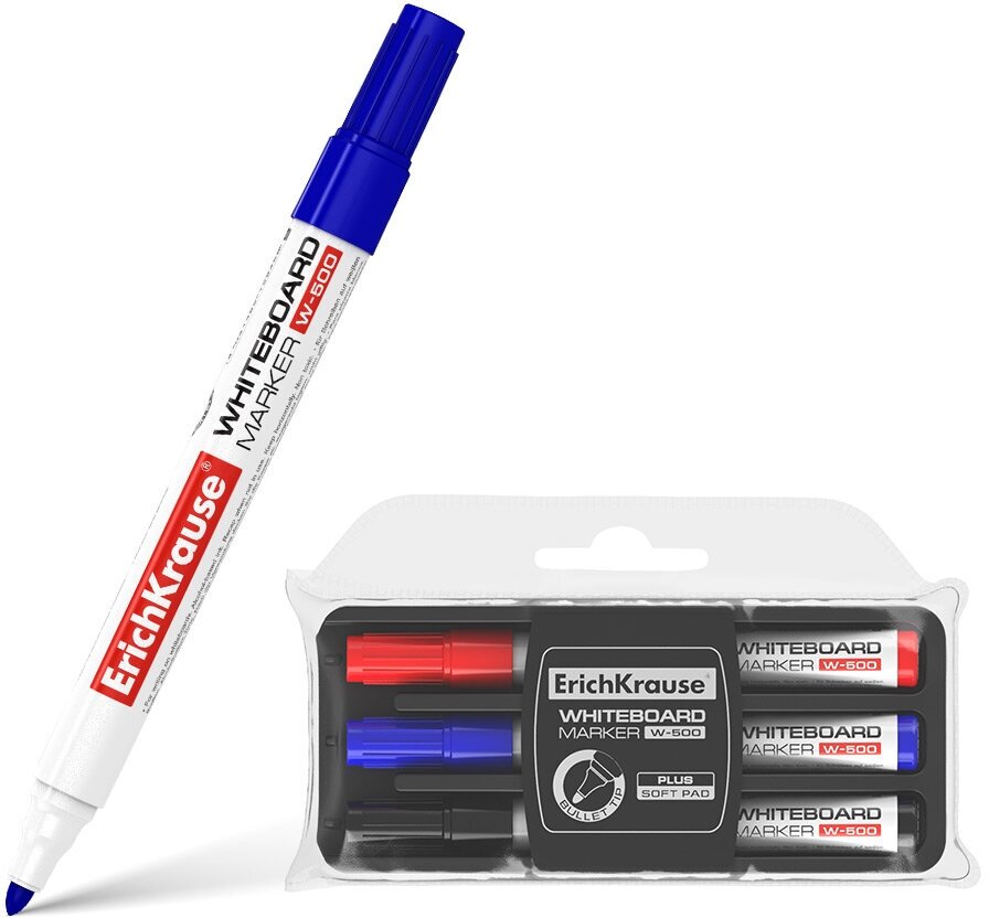 Набор маркеров для доски 3 цвета ErichKrause W-500 с губкой для стирания