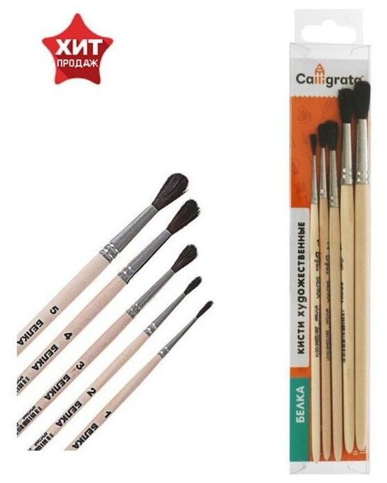 Набор кистей Белка 5 штук, 4 (круглые: 1, 2, 3, 4, 5), деревянная ручка, в пенале