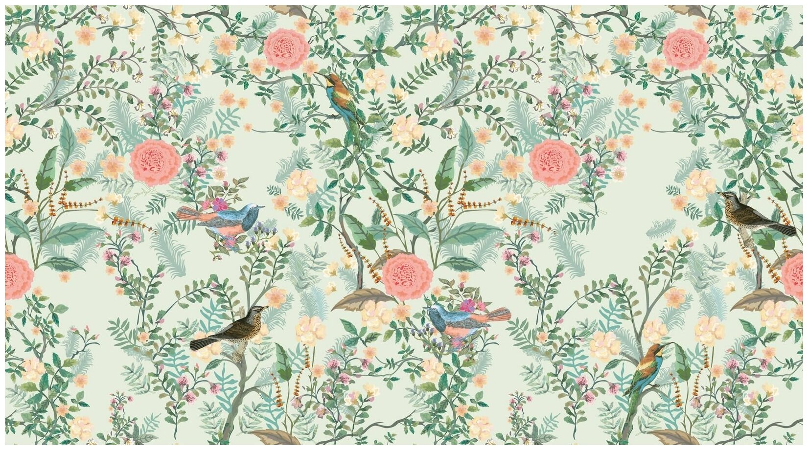 Фотообои Уютная стена "Бесподобный сад с цветами и птицами" 490х270 см Виниловые Бесшовные (единым полотном)