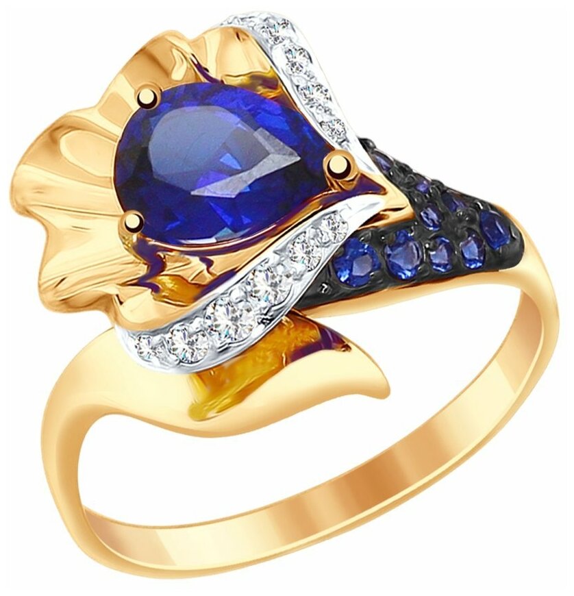 Кольцо, красное золото, 585 проба, корунд синтетический, фианит