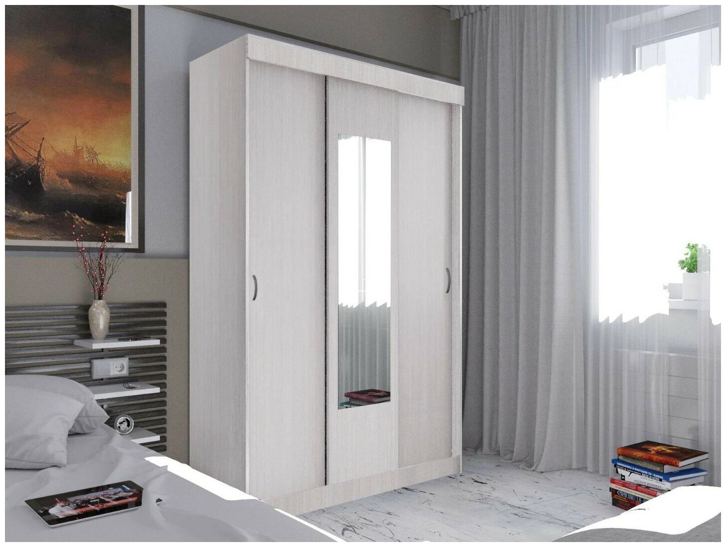 Шкаф купе, для одежды Бася 3, МФ-Купе, 220х45х240, белье/платье, с зеркалом, цвет бодега белая