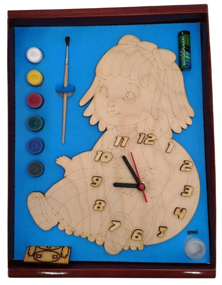 Часы с циферблатом под роспись "Кукла" дерево, с красками