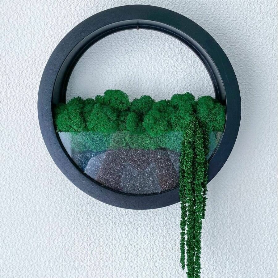 Черная настенная декоративная ваза из гипса 25 см с стабилизированными цветами, мхом и амарантом с сухоцветами на стену интерьерная, искусственные цветы, Molecula Decor