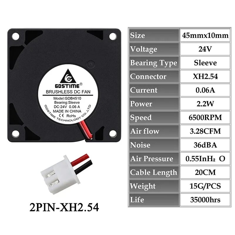 24V Gdstime 4510 Sleeve вентилятор XH2.54