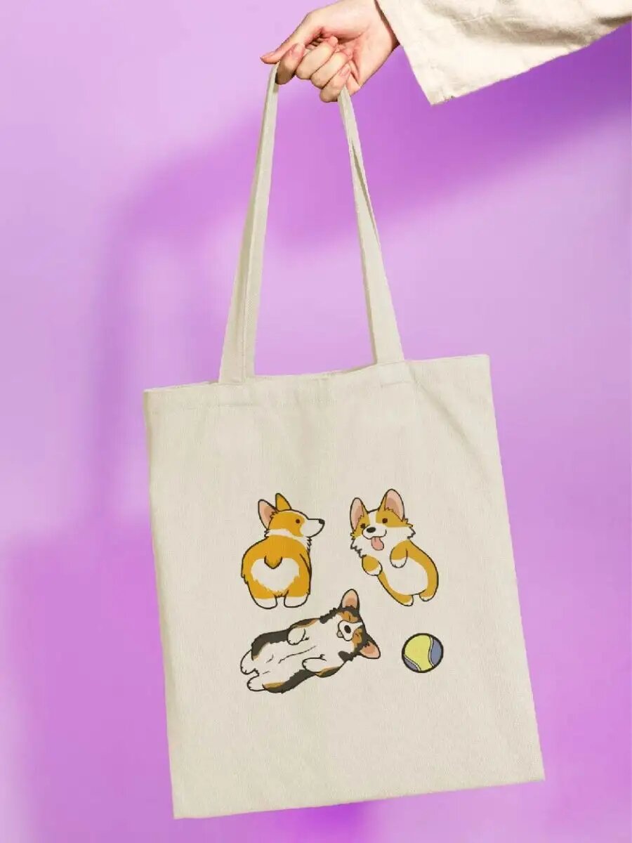 Сумка шоппер  на плечо женская холщевая с принтом корги