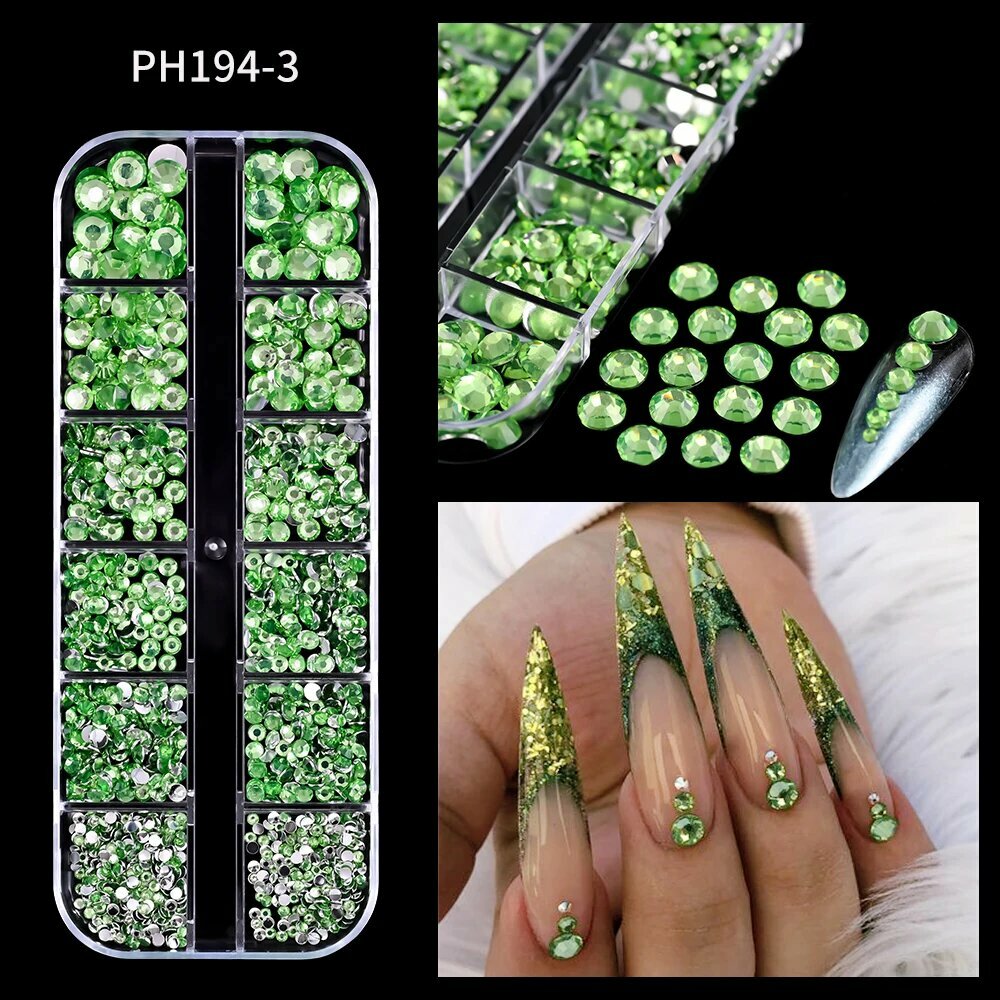 Стразы для ногтей PH194-3, зеленые, SS6-SS30
