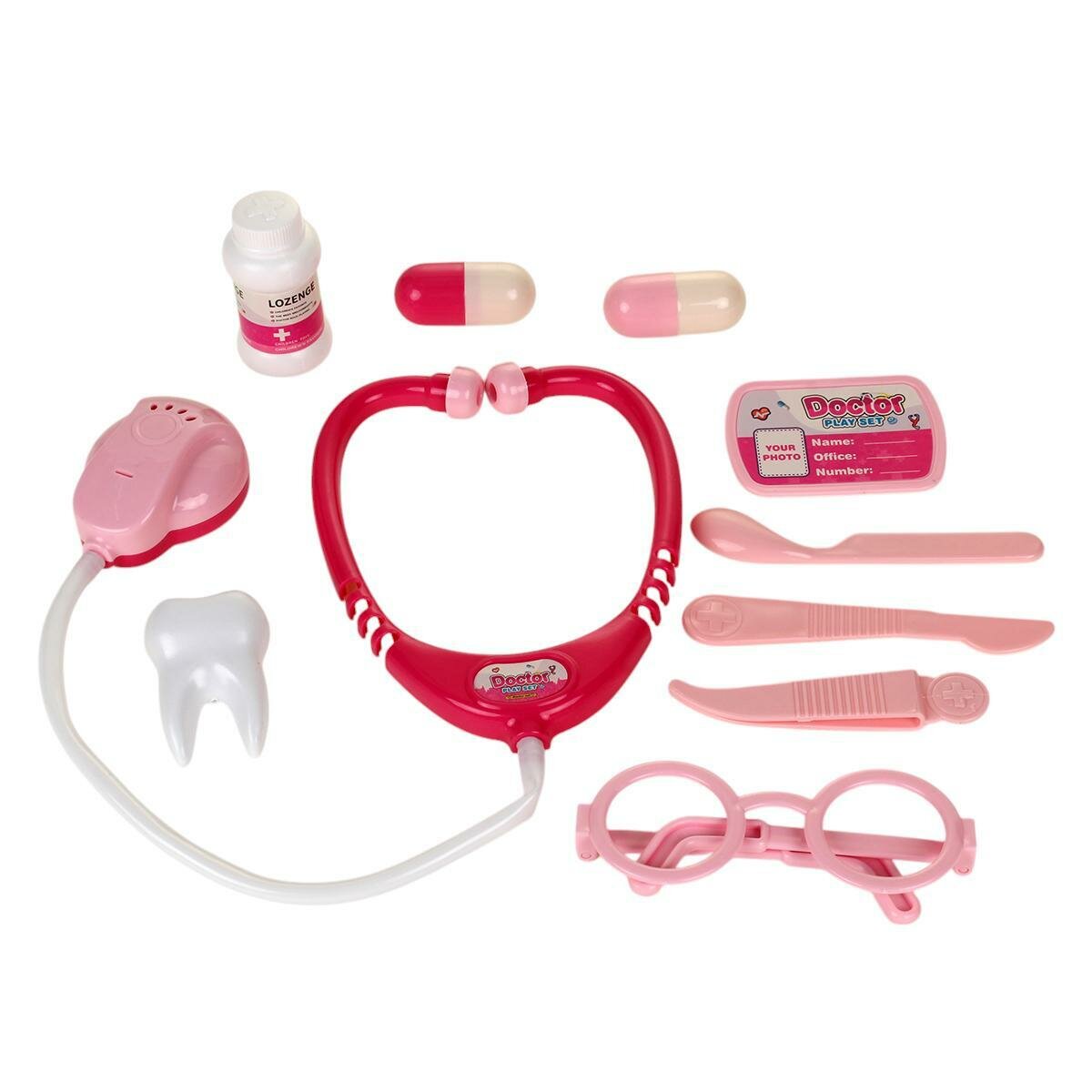 Игровой набор доктора, 10 предметов, пластиковый, розовый, 21,5х26 см