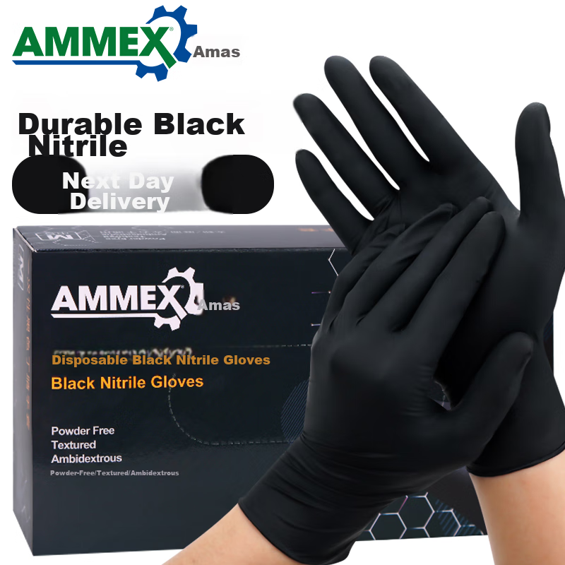 AMMEX Disposable Gloves, Thickened, Durable, Waterproof, for Laboratory Inspection And Protection, Kitchen Use, Black Nitrile Gloves, 100 Pieces, Large Size