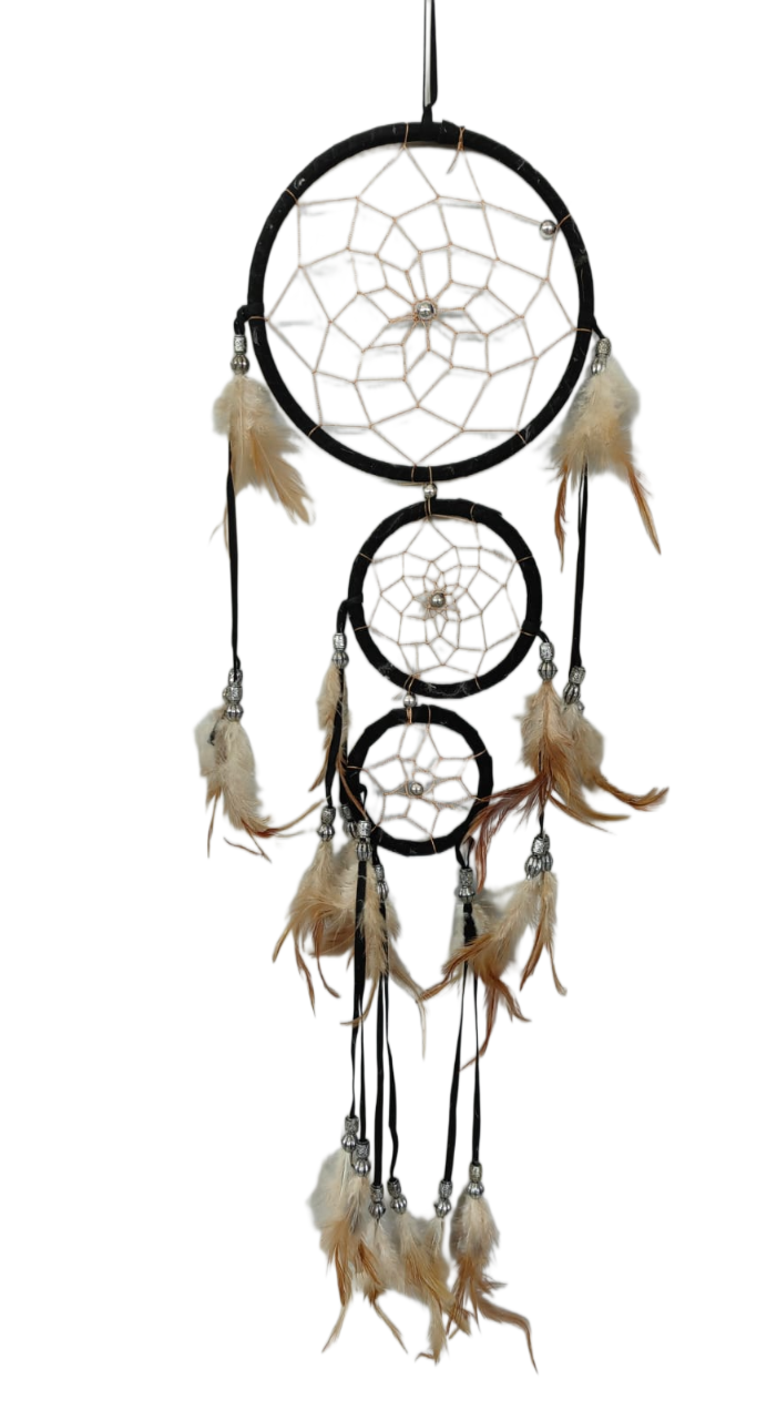 Ловец снов ТРИ чёрных круга с натуральными перьями (16 на 70 см.), 1 шт.