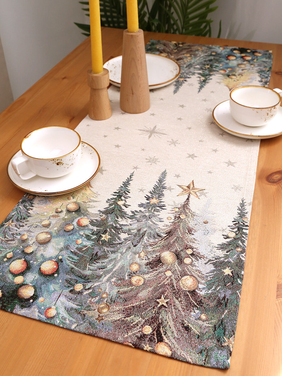 Дорожка на стол новогодняя тканевая 44х140 см Ели Тиволи серебро