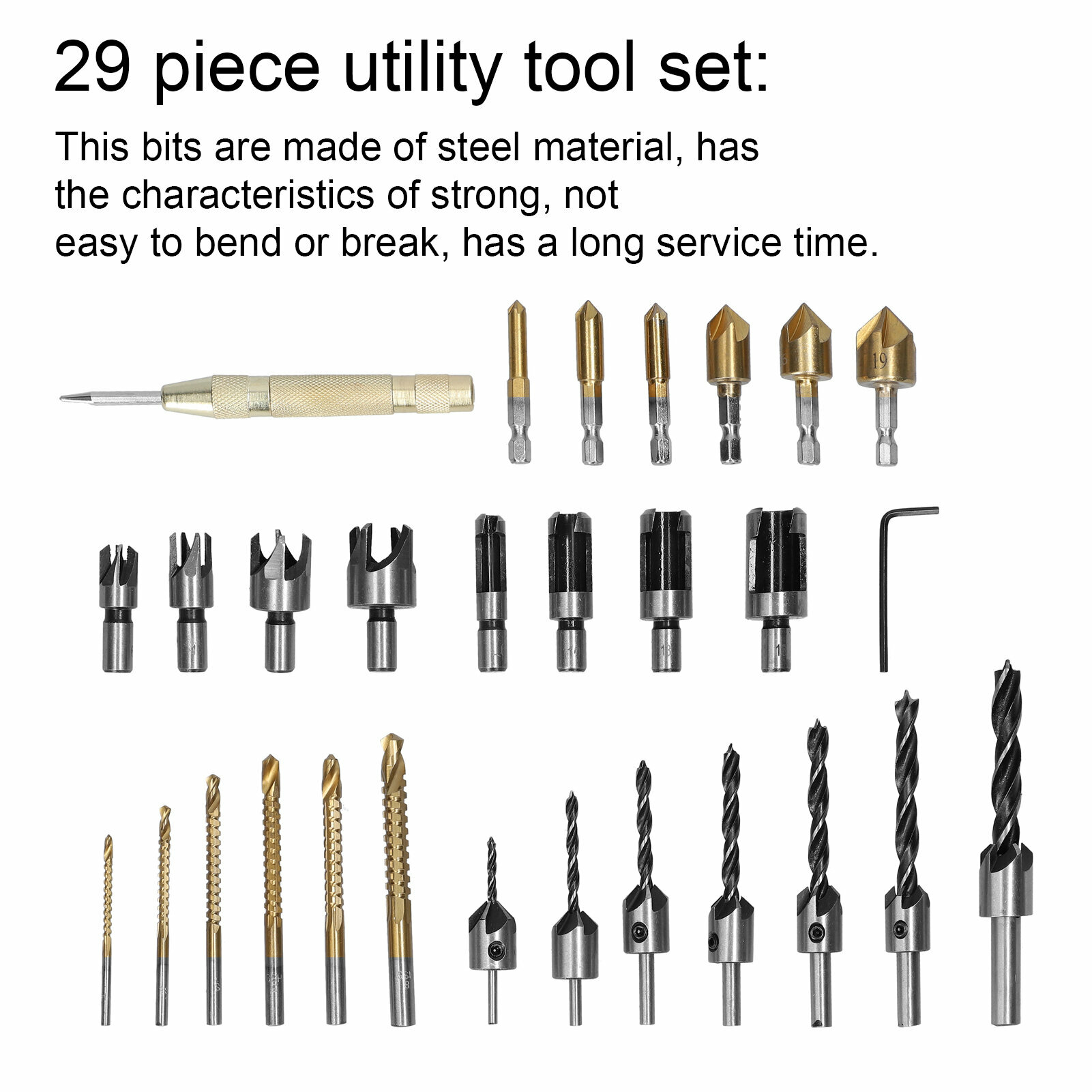Набор из 29 сверл по дереву: зенковки, фрезы, фрезерные сверла, инструмент для снятия фасок