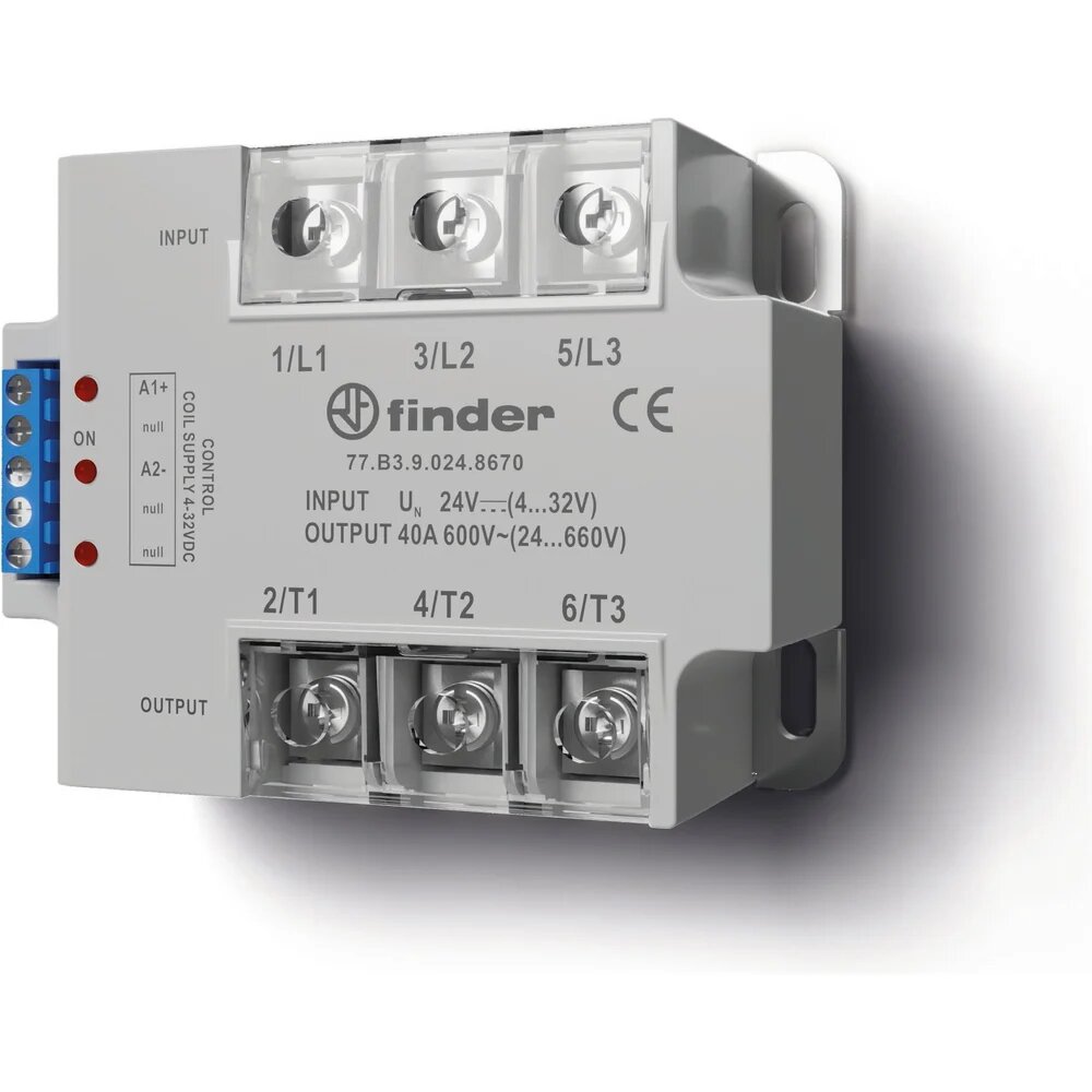Трехфазные твердотельное реле Finder выход 3NO 25А (24…660В АС); питание 24В DC; Функция Мгновенное включение; монтаж