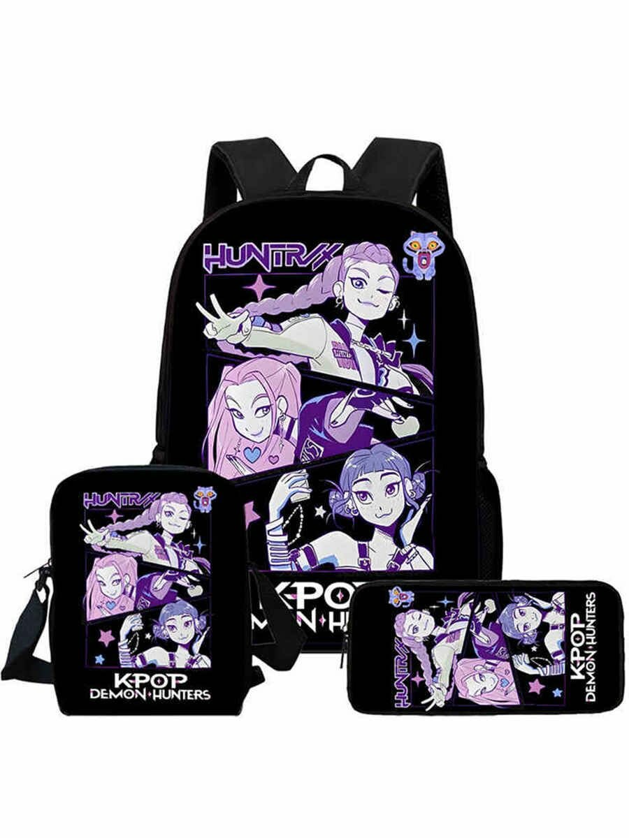 Детский набор из 3 предметов с принтом "K-POP Demon Hunter": рюкзак, сумка через плечо и пенал. Для школы, путешествий и кемпинга.