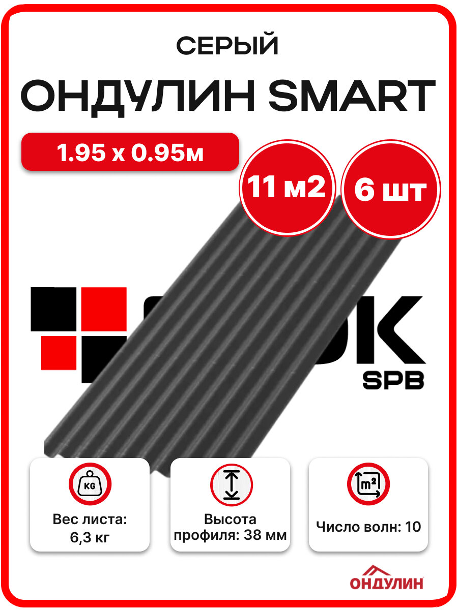 Ондулин SMART 1.95х0.95м серый - 6 листов/связка
