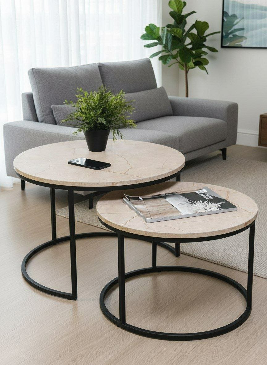 Стильные круглые столы чайные со столешницей из ЛДСП на металлической основе, на черной ножке, интерьерный столик