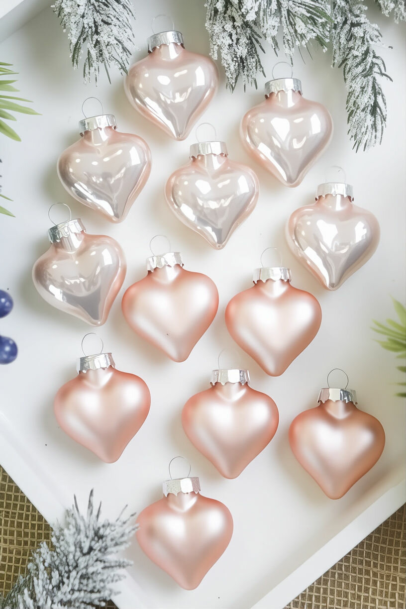 Набор ёлочных игрушек сердечки мини, стекло, нежно-розовые, матовые и эмалевые, 4.5 см, 12 шт, Winter Deco 1001375