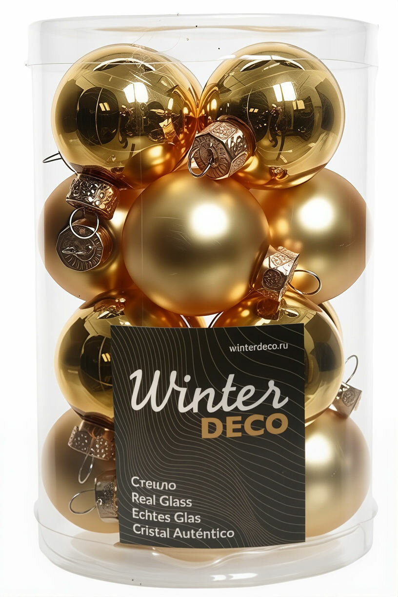 Стеклянные шары делюкс мини матовые и глянцевые, цвет: золотой, 35 мм, упаковка 16 шт, Winter Deco 010347