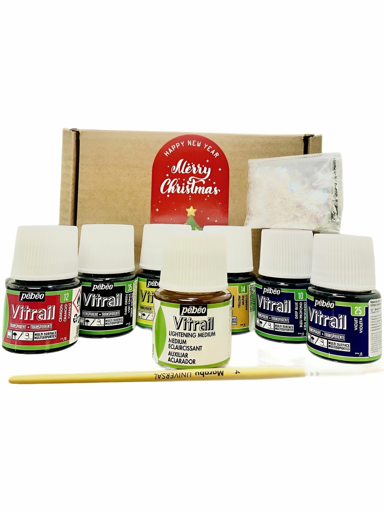 Подарочный набор витражных красок Pebeo Vitrail, 7 цветов по 45мл, кисть, пипетки, блестки