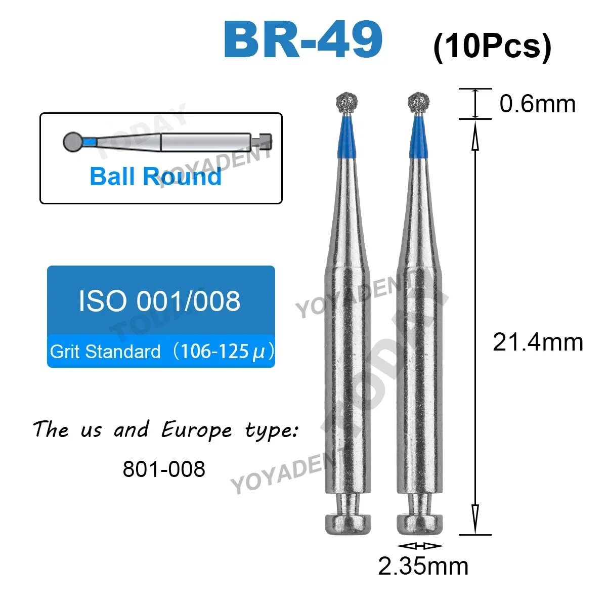 Алмазные буры YOYADENT BR-49, 2.35 мм, 10 шт.