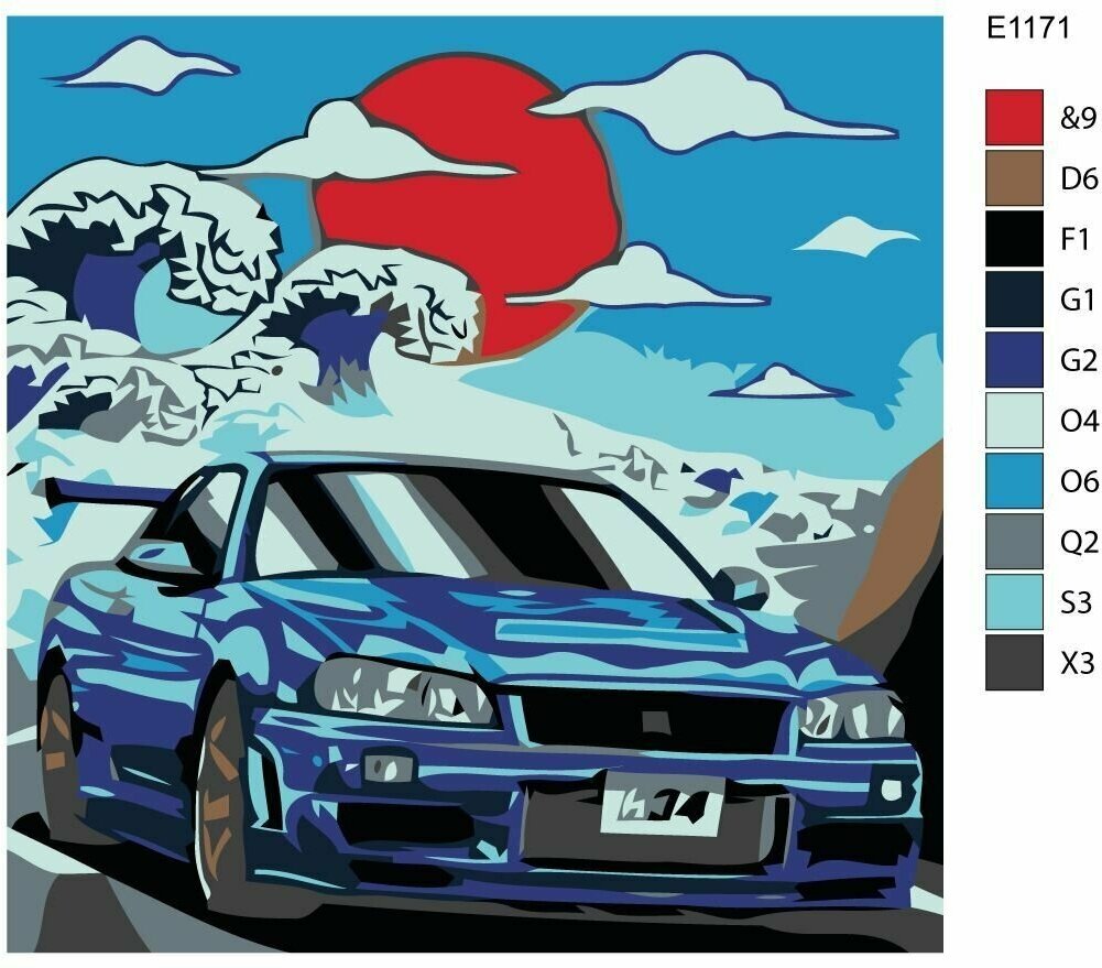 Детская картина по номерам E1171 "Арт синей гоночной машины" 30x30