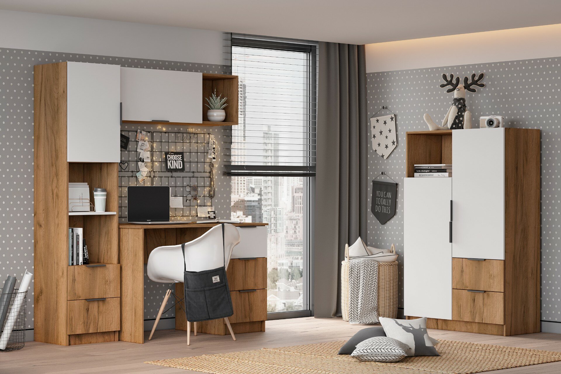 Набор подростковой мебели Лигия-1, Легкомаркет, 2400-600-1800, дуб крафт золотой и белый