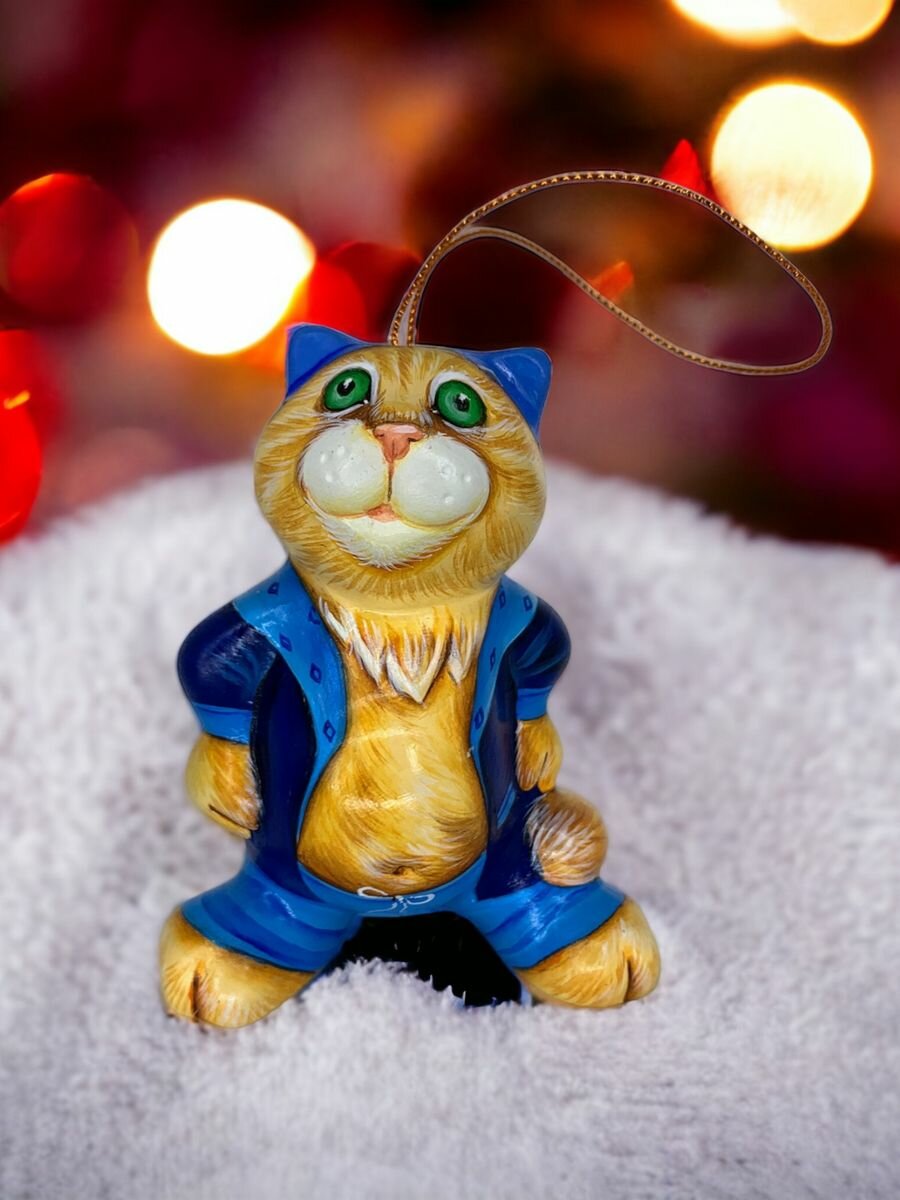 Елочная игрушка/статуэтка "Котик в пижамке" подарок на Новый год, фарфор, ручная роспись