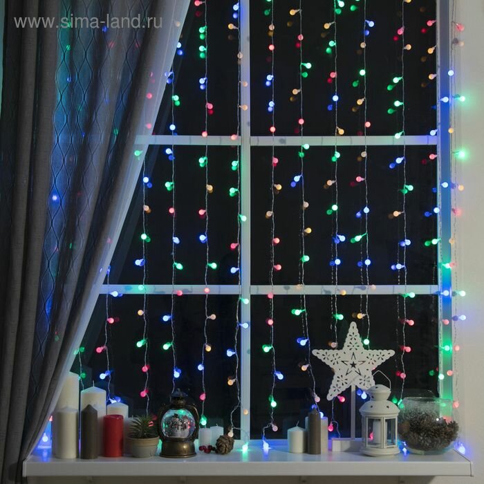 Гирлянда Занавес 2 х 1.5 м с насадками Шарики , IP20, прозрачная нить, 360 LED, свечение мульти, 8 режимов, 220 В