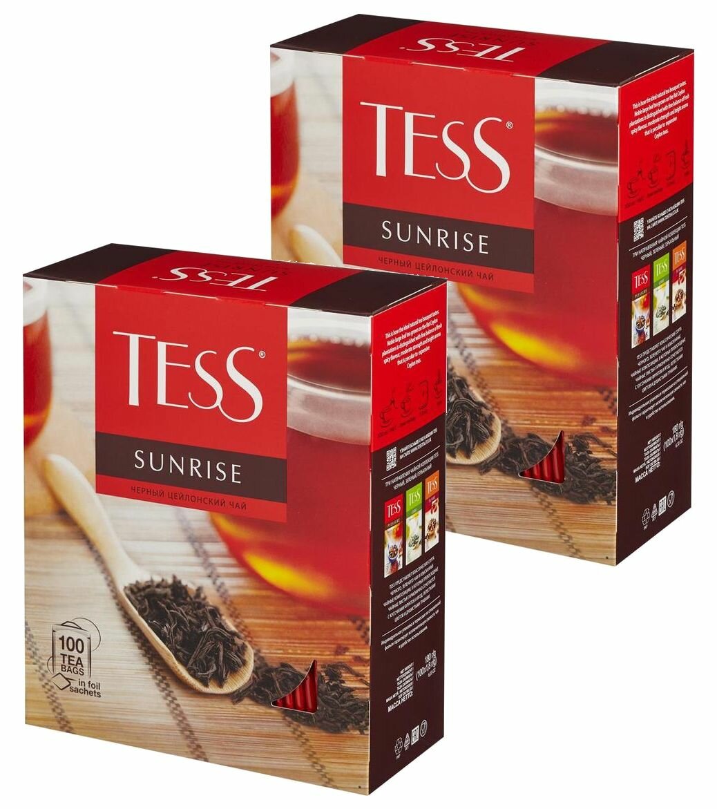 Чай в пакетиках Tess Sunrise черный цейлонский, 2 пачки по 100 пакетиков