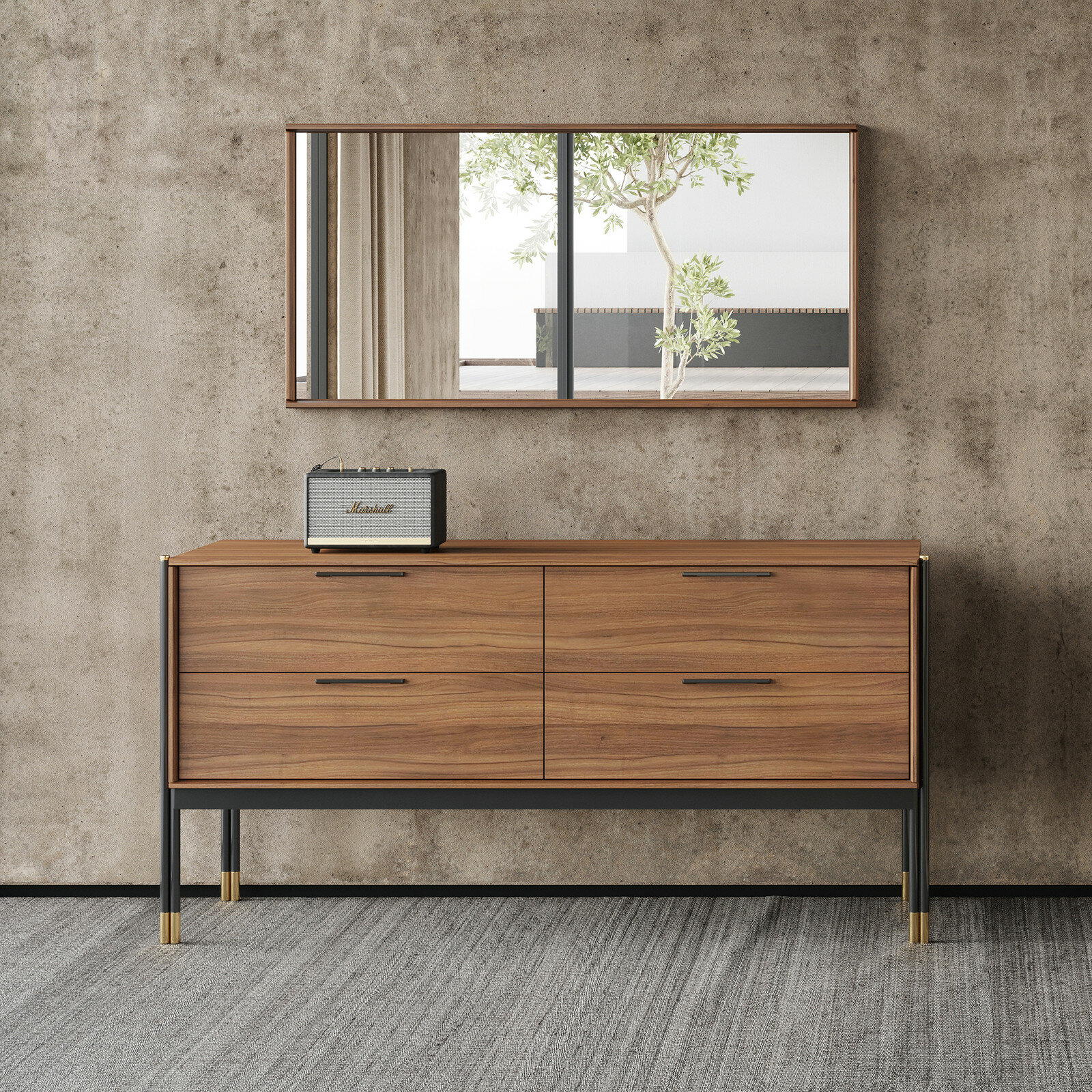 Комод MOD INTERIORS коллекция BENISSA отделка шпон ореха F , черный матовый лак , латунь