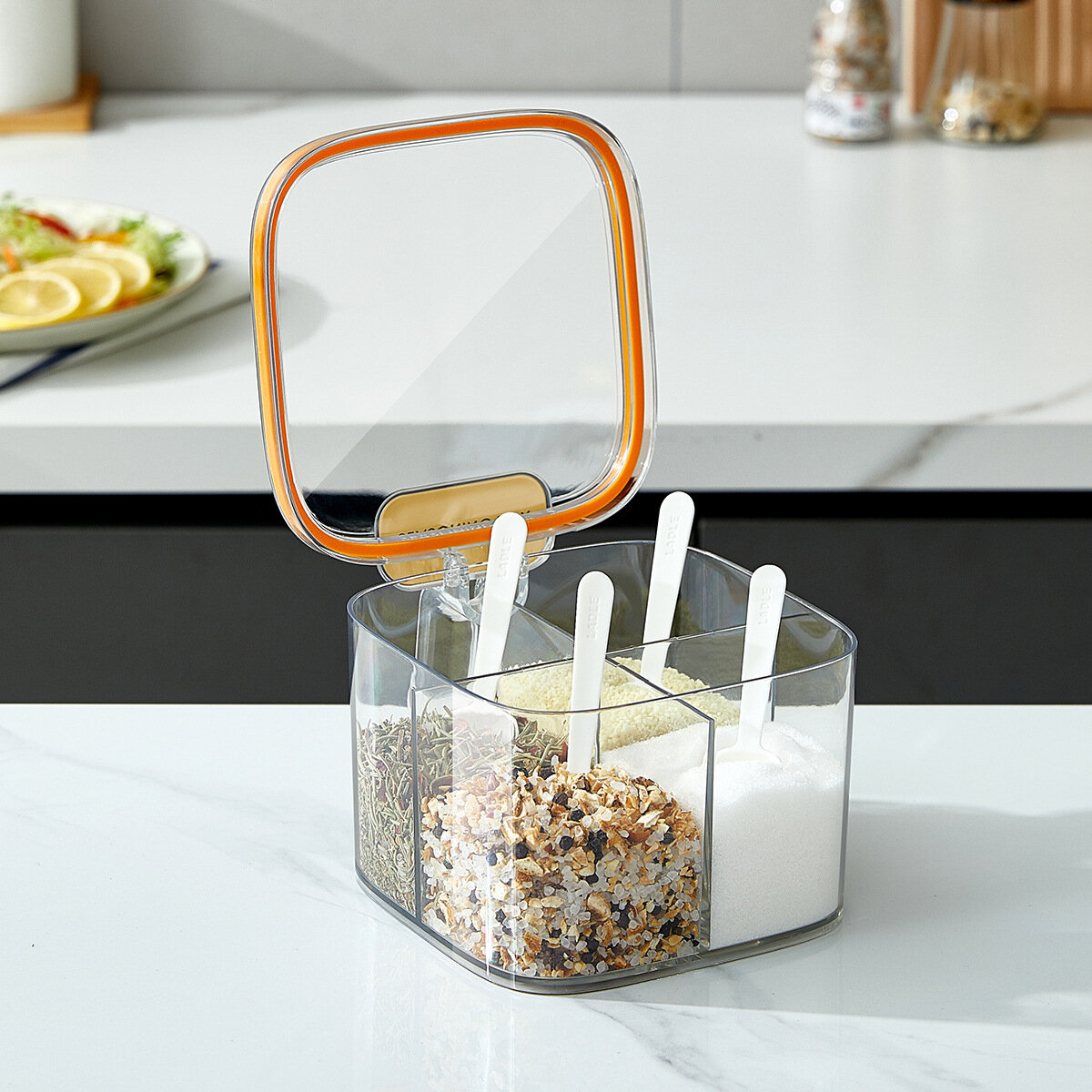 Желтая банка для приправ с четырьмя сетками, многофункциональная коробка дляприправ, интегрированнаякомбинациядляприправ