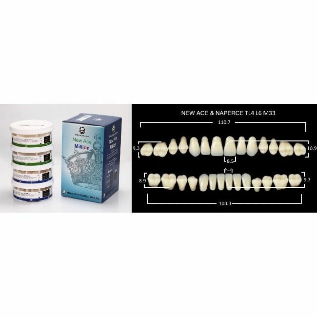 Зубы акриловые, вариант исполнения: New Асе -двухслойные, фронтальные, ф. TL4/L6. Million -однослойные, жевательные, фас. M33 (верх/низ). Цвет A3.5; 20 гарнитуров в боксах.