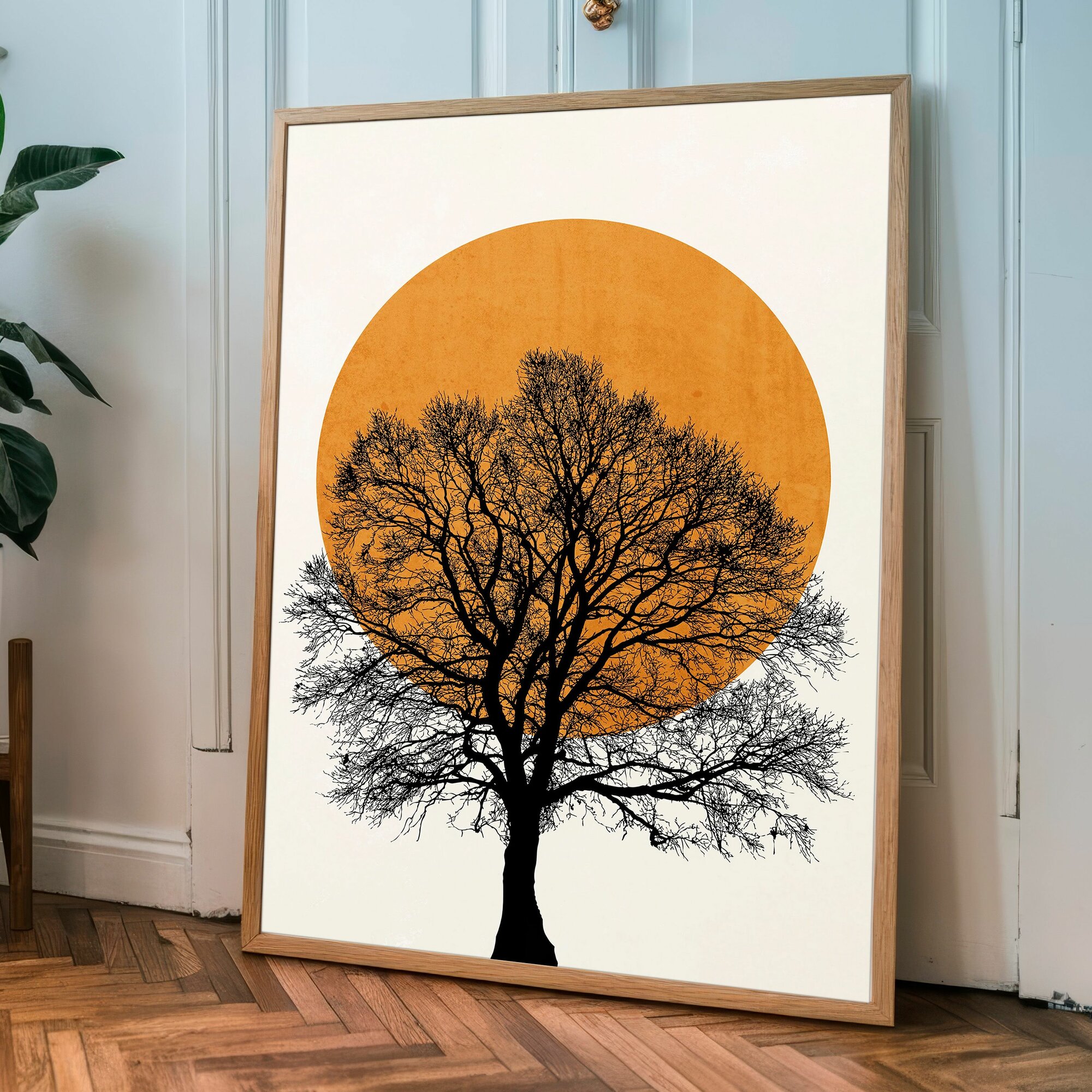 Постер для интерьера на стену - дерево на фоне Солнца и Луны - 40 на 50
