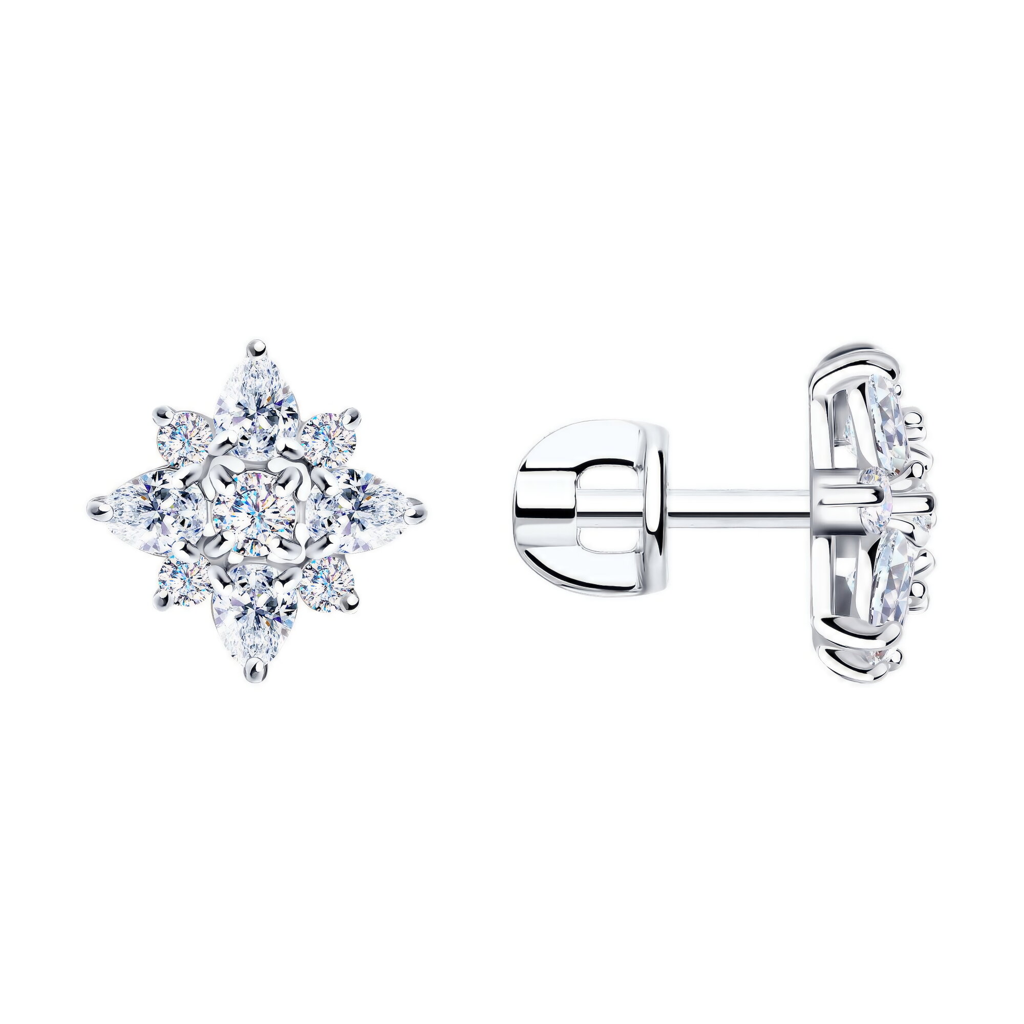 Серьги пусеты, серебро, 925 проба, родирование, фианит