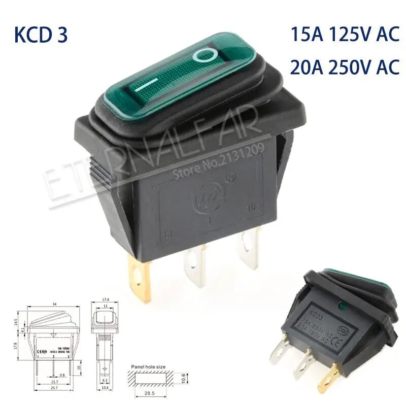 Тумблер KCD3-Green-3J2D 15A 125V AC