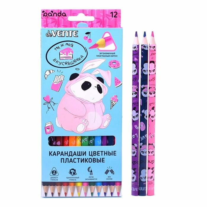 Цветные карандаши deVENTE "Panda", пластиковые, 2М, диаметр грифеля 3 мм, трехгранные, 12 шт