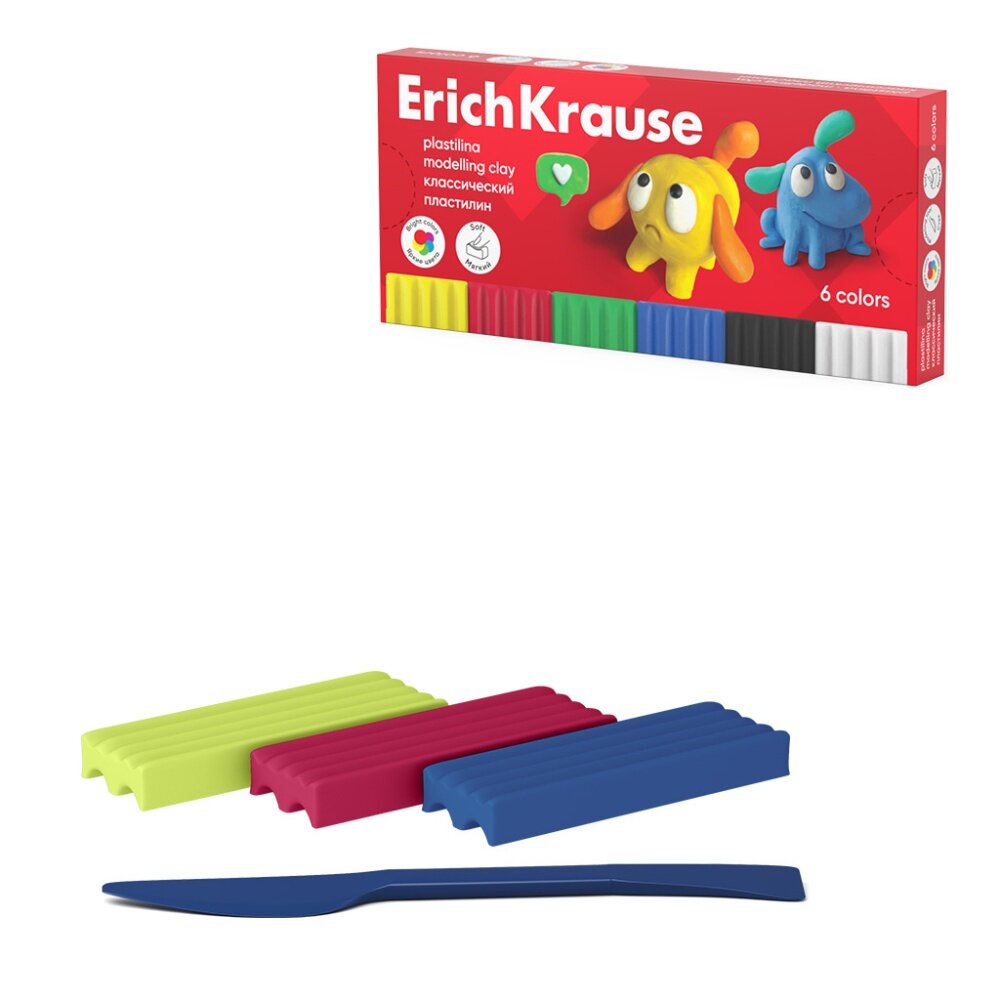 Пластилин Erich Krause "Jolly Friends", классический, со стеком, 6 цветов, 108 г (61344)