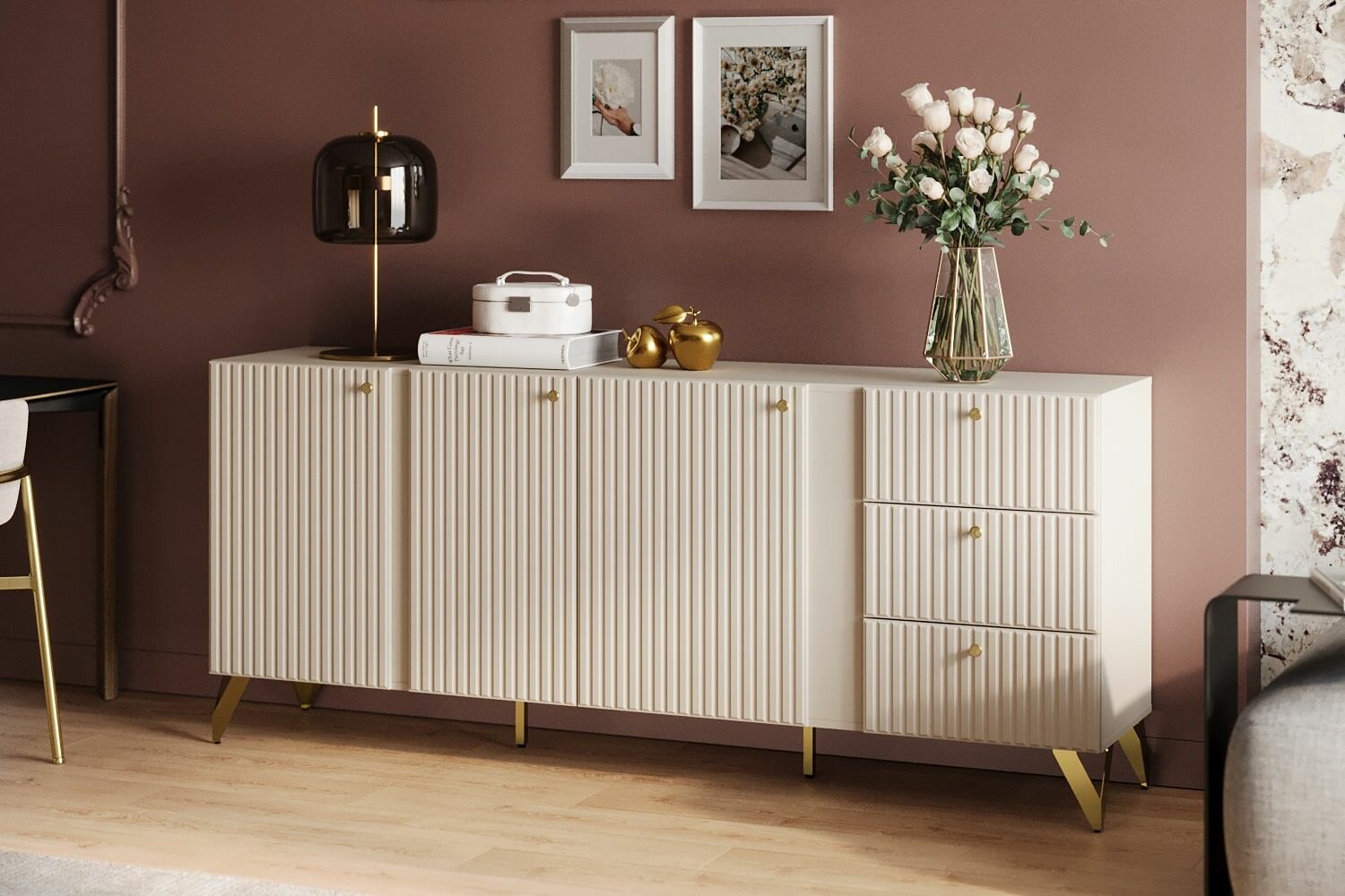 Комод RENO КД-1 деревянный с распашными дверцами и ящиками, Кашемир, (ВхШхГ) 2000х840х426 мм